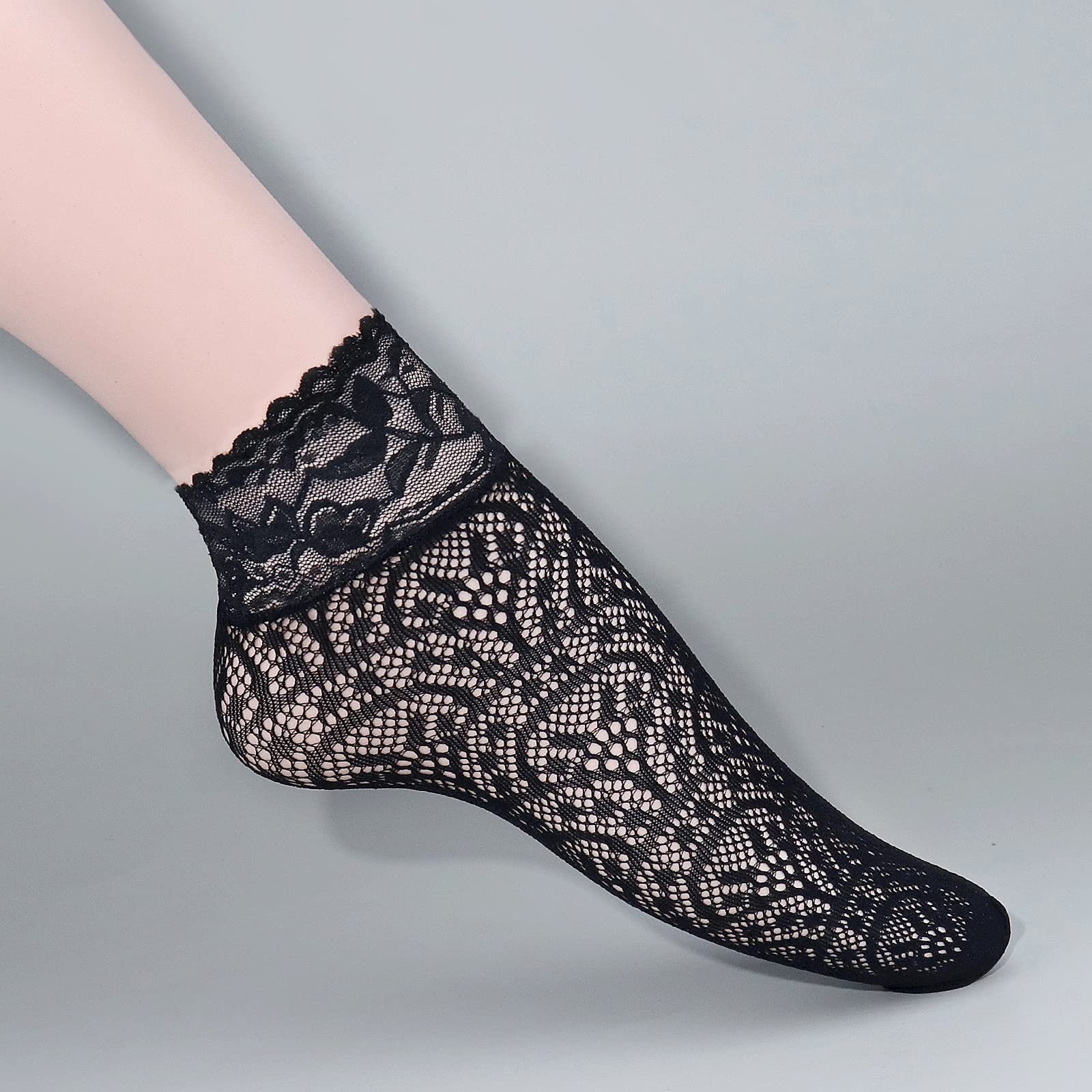 Lamdgbway 6 Pairs Women Lace Ankle Socks Fishnet Short Stockings Black 5