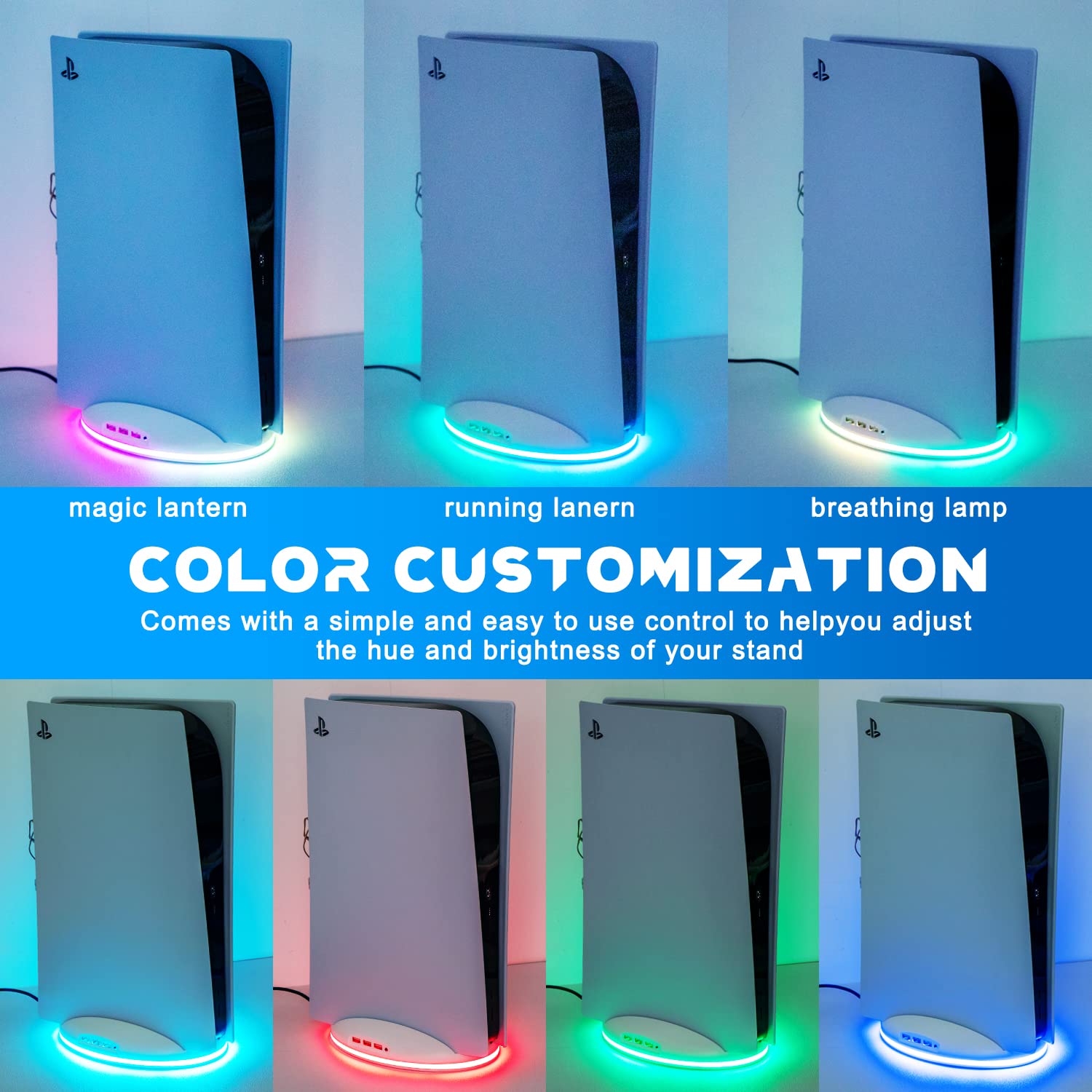 MVIIOE for PS5 LED Stand, 2 in 1 LED Light Base with 7 RGB Color Modes PS5 USB Hub with 3 USB 2.0 Ports Compatible with PS5 Disc & Digital Editions (White)