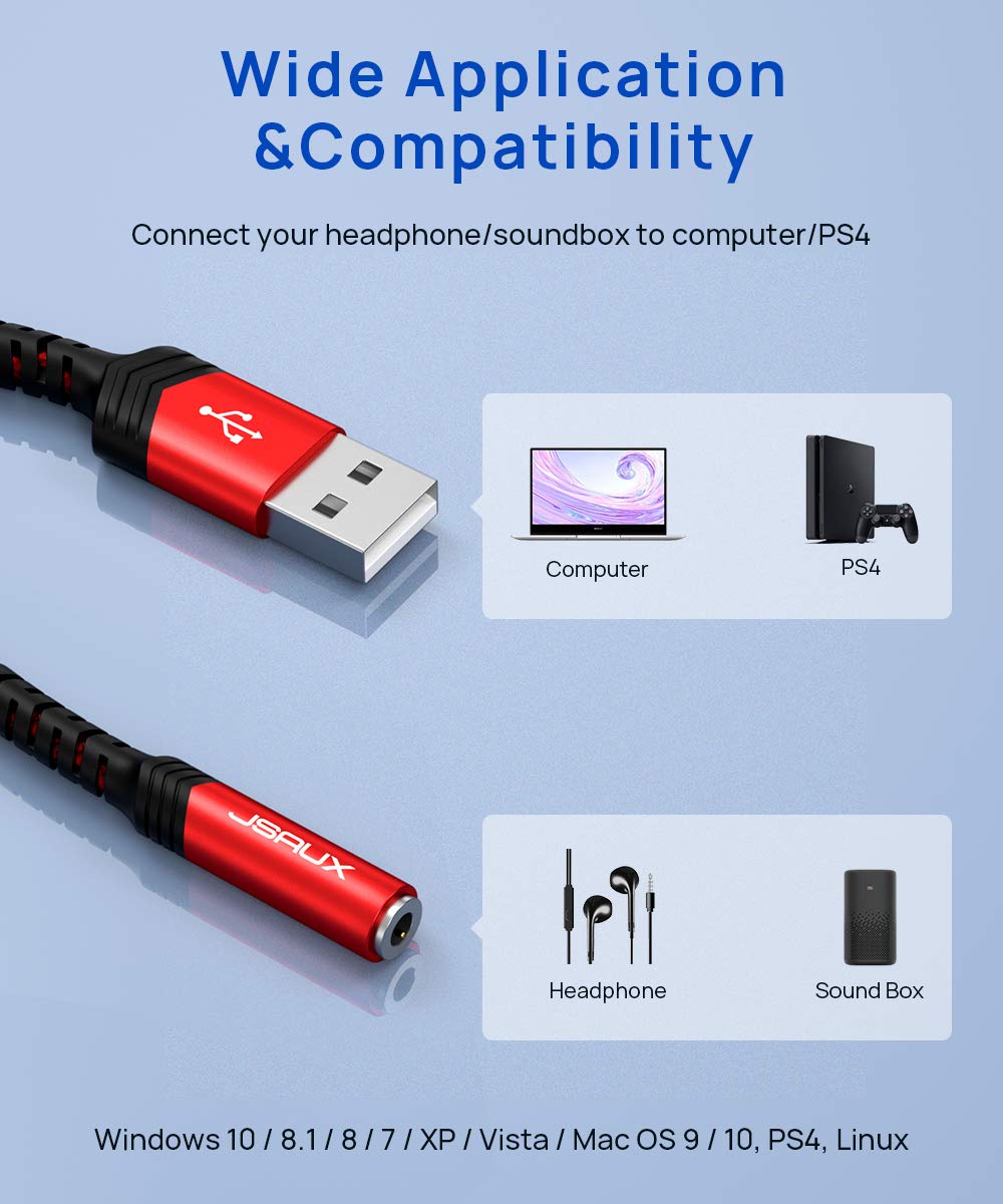 JSAUX USB to 3.5mm Jack Audio Adapter,USB to Audio Jack Adapter Headset,USB-A to 3.5mm TRRS 4-Pole Female, External Stereo Sound Card for Headphone, Mac, PS4, PC, Laptop, Desktops and More -Grey/0.6FT