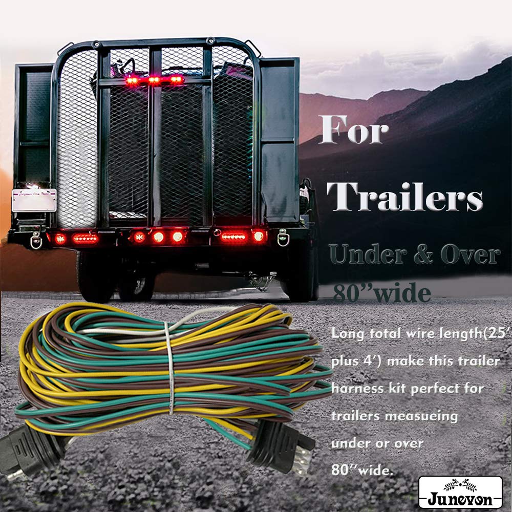 JUNEVEN 25 FT 4 Wire 4-Flat Trailer Light Wiring Harness Extension Kit[Wishbone-Style][SAE J1128 Rated][25' Male & 4' Female][18 AWG Color Coded Wires]Wire Harness For Utility Boat Trailer Lights Kits