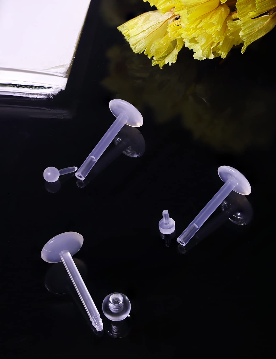 Lcolyoli 63PCS 16G Mix Length Clear Push Top Piercing Retainers Flat & Ball Top Bioflex Lip Rings Labret Medusa Retainer for Women Men 6-10mm Bar Length