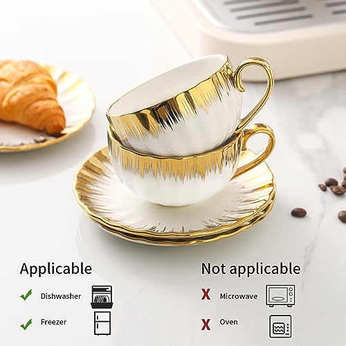 LETAOTAO Cappuccino Cups with Saucers, Ceramic Coffee Cup with Gold Trim, 6 oz for Double Espresso, Latte, Cafe Mocha, Tea,Set of 6,White