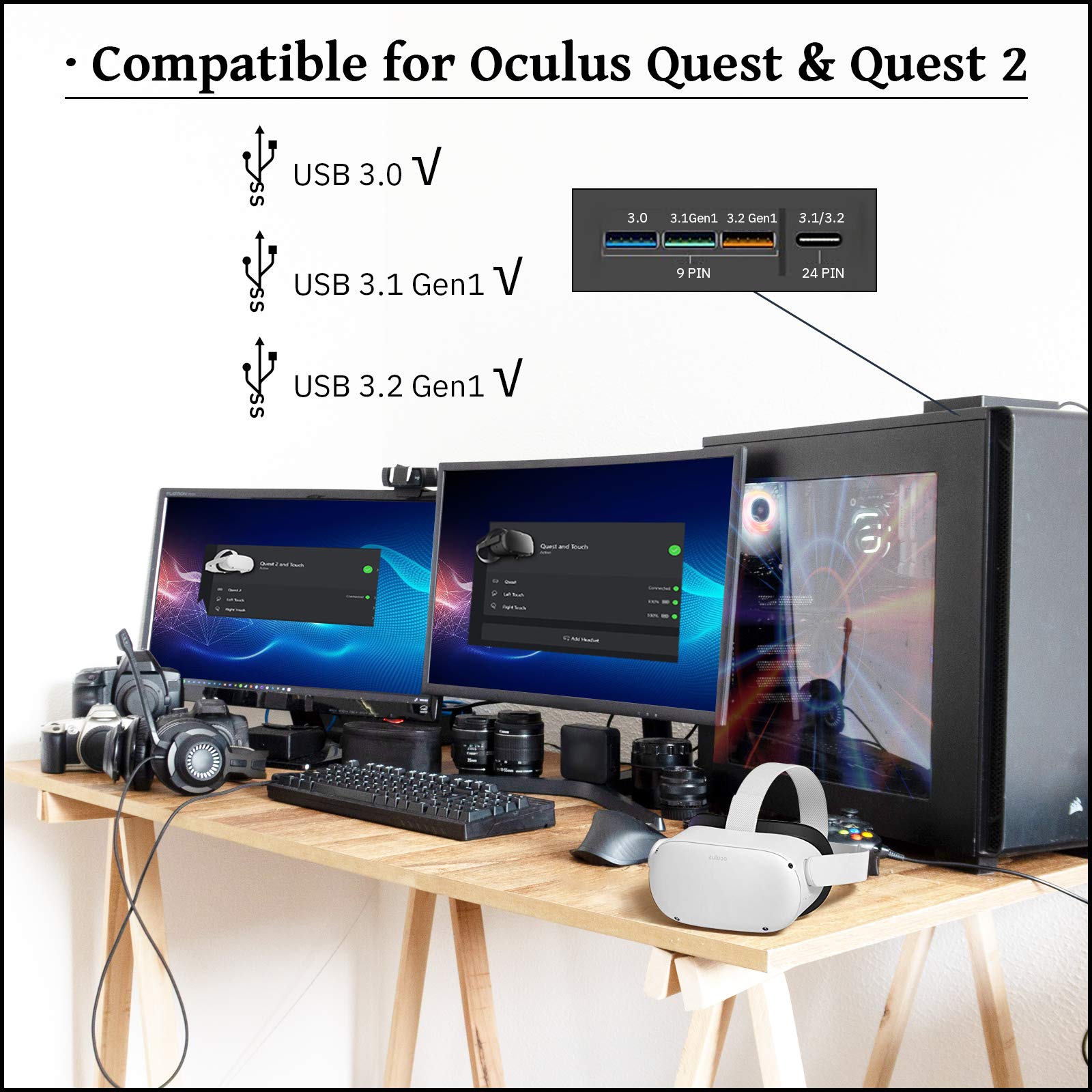 KRX Link Cable Compatible for Oculus Quest 2, Fast Charing & PC Data Transfer USB C 3.2 Gen1 Cable for VR Headset and Gaming PC