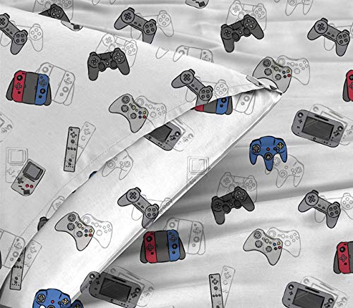 Kids Rule 3-Piece Game Controllers Sheet Set | 1 Twin Flat Sheet, 1 Twin Fitted Sheet & 1 Queen Pillowcase | 100% Softly Brushed Microfiber Polyester | Soft, Smooth & Durable | Ideal for Kids | Grey