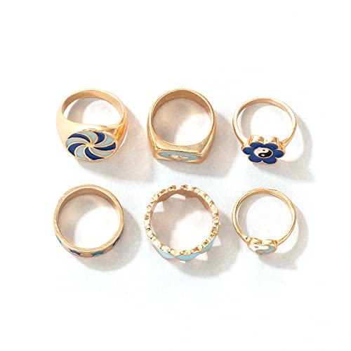 Minzaos Y2K Style Chunky Retro Resin Acrylic Ring Set Yin-yang Ring Heart Knuckle Ring Star Finger Ring Cute Lollipop Ring Statement Stackable Rings Set for Women Girls (Blue)