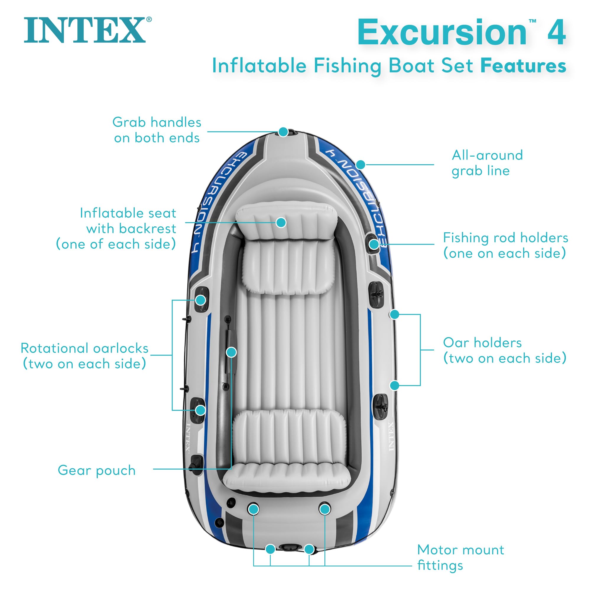 INTEX 68324EP Excursion 4 Inflatable Boat Set: Includes Deluxe 54in Boat Oars and High-Output Pump β Adjustable Seats with Backrest β Fishing Rod Holders β 4-Person β 1100lb Weight Capacity
