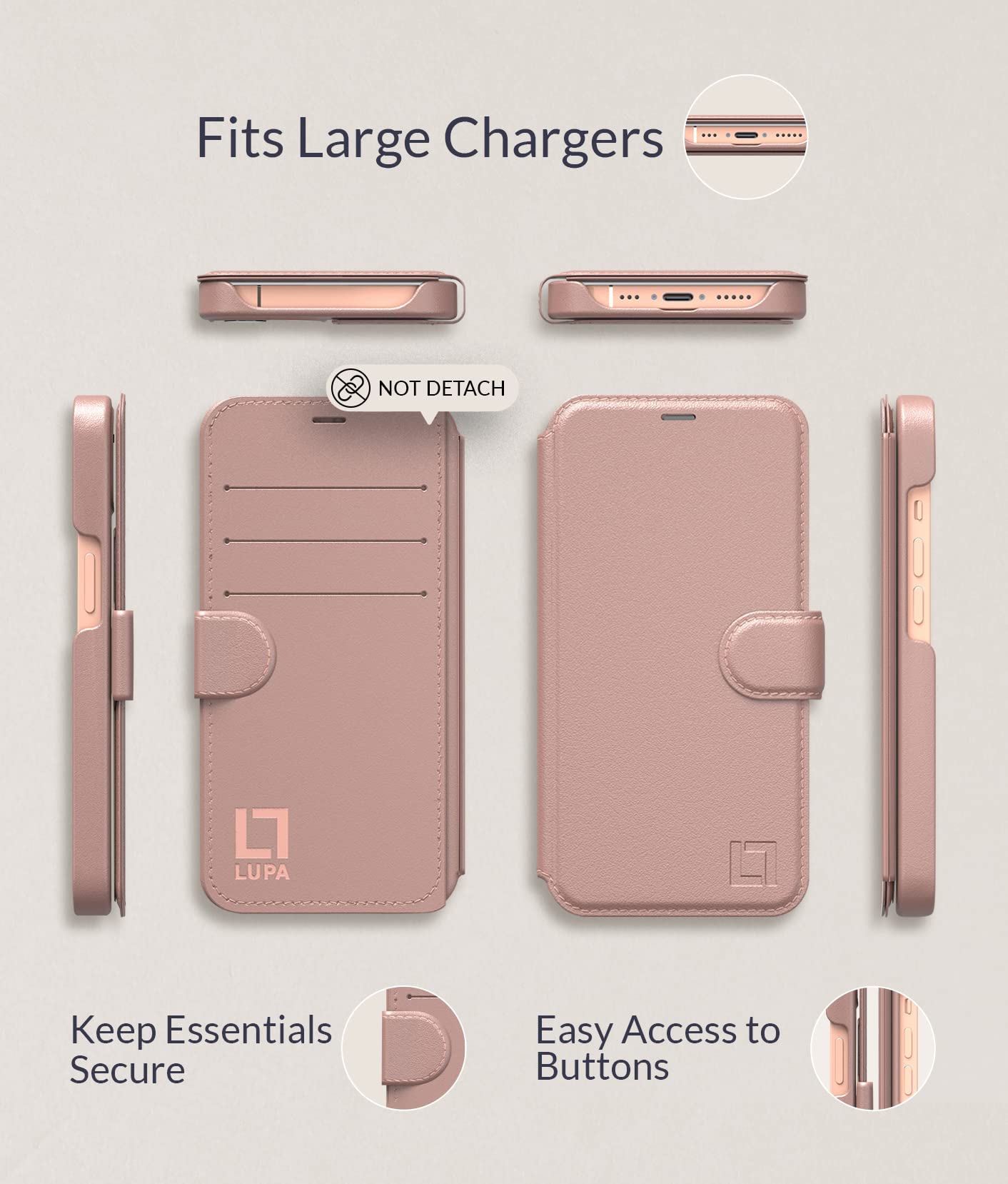 LUPA Legacy iPhone 13 Pro Wallet Case - Case with Card Holder - [Slim + Durable] for Women and Men - iPhone 13 Pro Flip Cell Phone case - Faux Leather - Folio Cover - Rose Gold