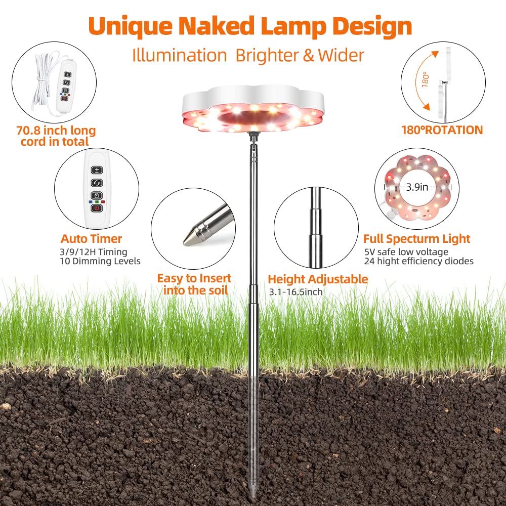 PDGROW LED Grow Light for Indoor Plants, Full Spectrum Plant Halo Lights with Red Light, Height Adjustable Growing Lamps with Timer, 3 Lighting Modes & 10 Dimmable Brightness for Small Plants (1 Pack)
