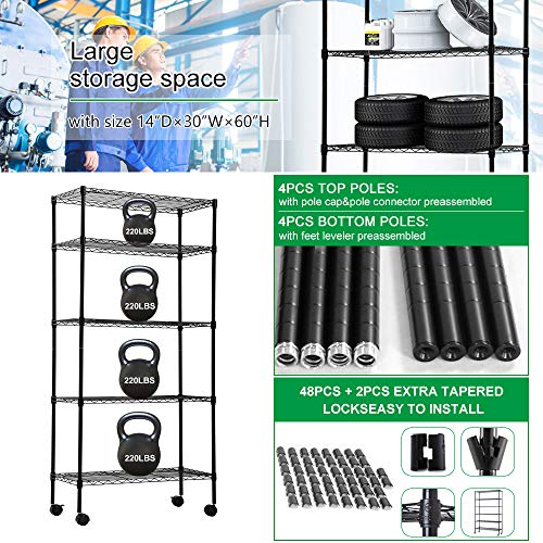 Wire Shelving Unit Storage 5 Tier Metal Shelving Unit NSF Heavy Duty Shelves Height Adjustable Garage Shelving 14" W x 30" L x 60" H with Wheels Large Steel Commercial Shelving Black