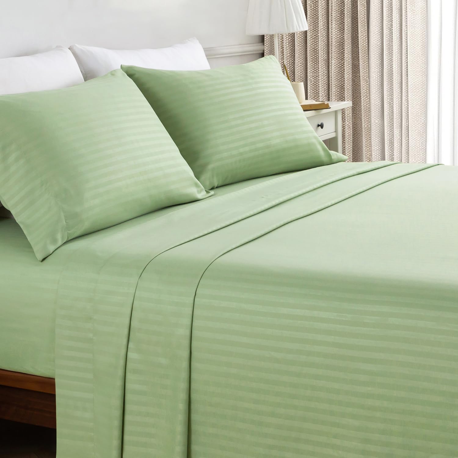 JOOKI Sage Green Striped Bed Sheets Set Full, 100% Microfiber Full Size Sheets Set Luxury Hotel Soft Cooling Sheets, 16" Deep Pocket Sheets, Breathable Wrinkle Free 4 Piece Bedding