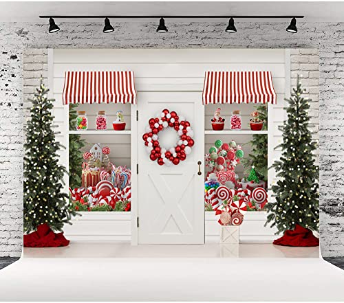 Lofaris Winter Christmas Backdrop for Photography Merry Xmas Sweet Candy Storefront Cottage Santa's Wreath Shiny Lights Trees Background Kids Birthday Party Supplies Portrait Photoshoot Props 10x7ft