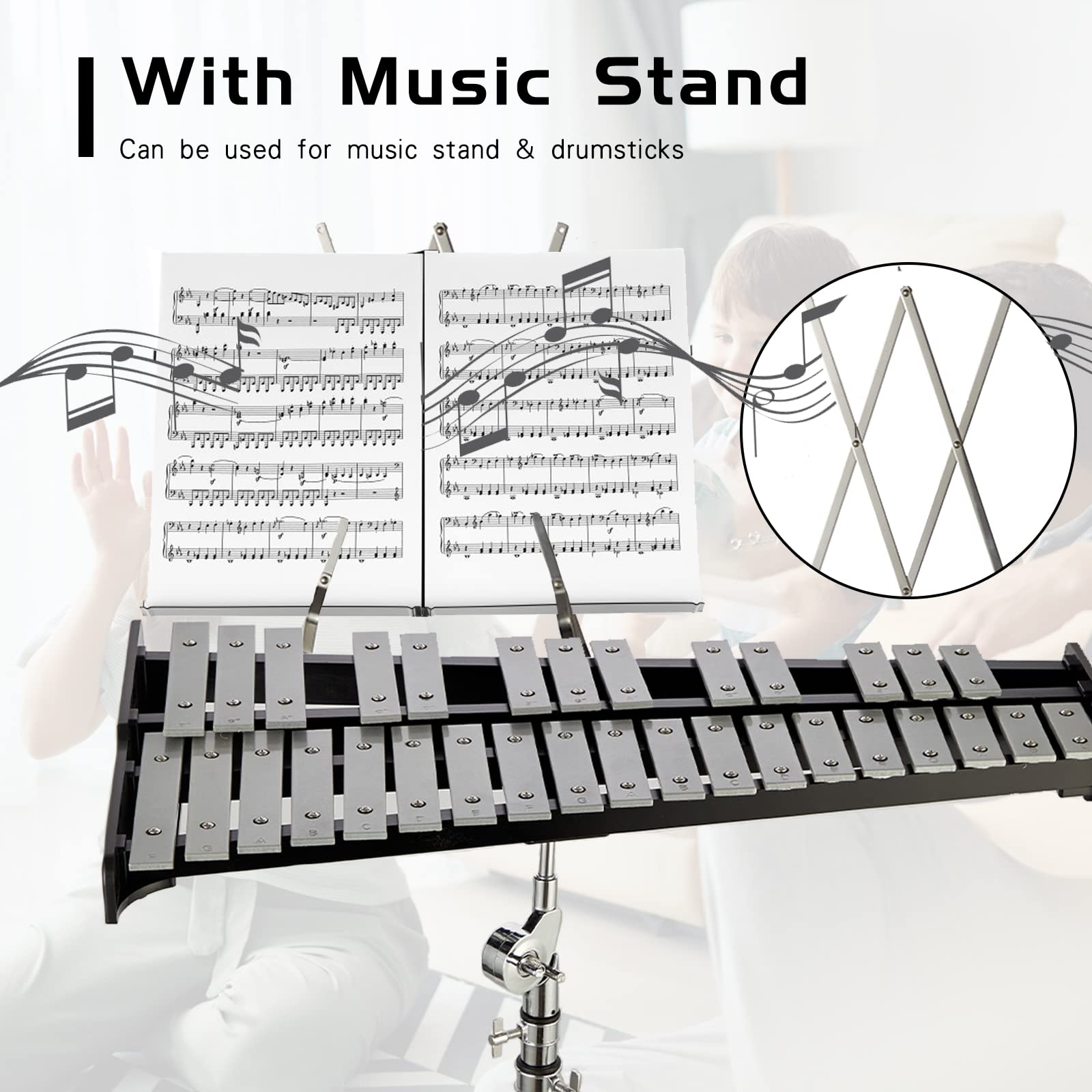MIRIO Advanced 32 Note Glockenspiel Xylophone Bell Kit Percussion Kit for Adult Beginner Students with Adjustable Stand Mallets, Drum Practice Pad, Glockenspiel Stick, Drum Sticks and Carrying Bag