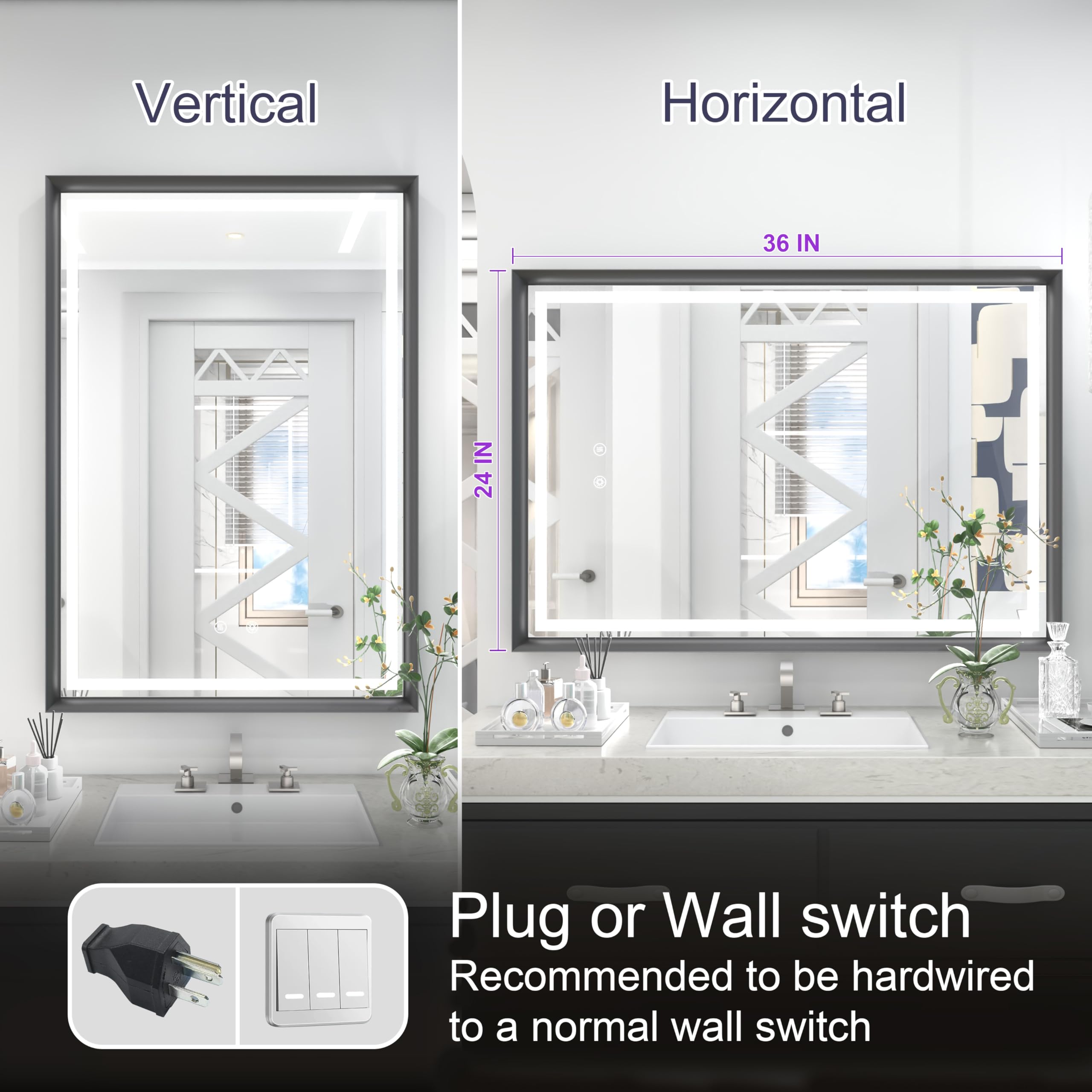 JSneijder 2-Piece(Frameless+Framed) LED Bathroom Mirror, 24x36 Inch, Bathroom Mirror with Lights, Wall Mounted Dimmable Anti-Fog Lighted Mirror for Bedroom
