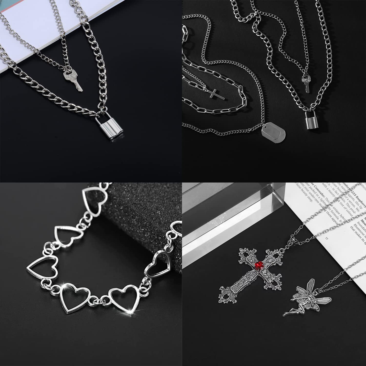 Lock Chain Necklace, Egirl Chains, Statement Lock Key Pendant Necklace Silver Set Eboy Long Multilayer Chains Punk Choker 2 Set(5 layer)