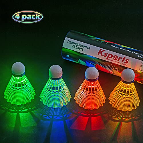 Ksports LED Badminton Shuttlecocks 4 Pack Tube − Glow in The Dark Lighting Birdies Shuttlecocks − with 4 Different LED Colors − Red Green Blue Yellow