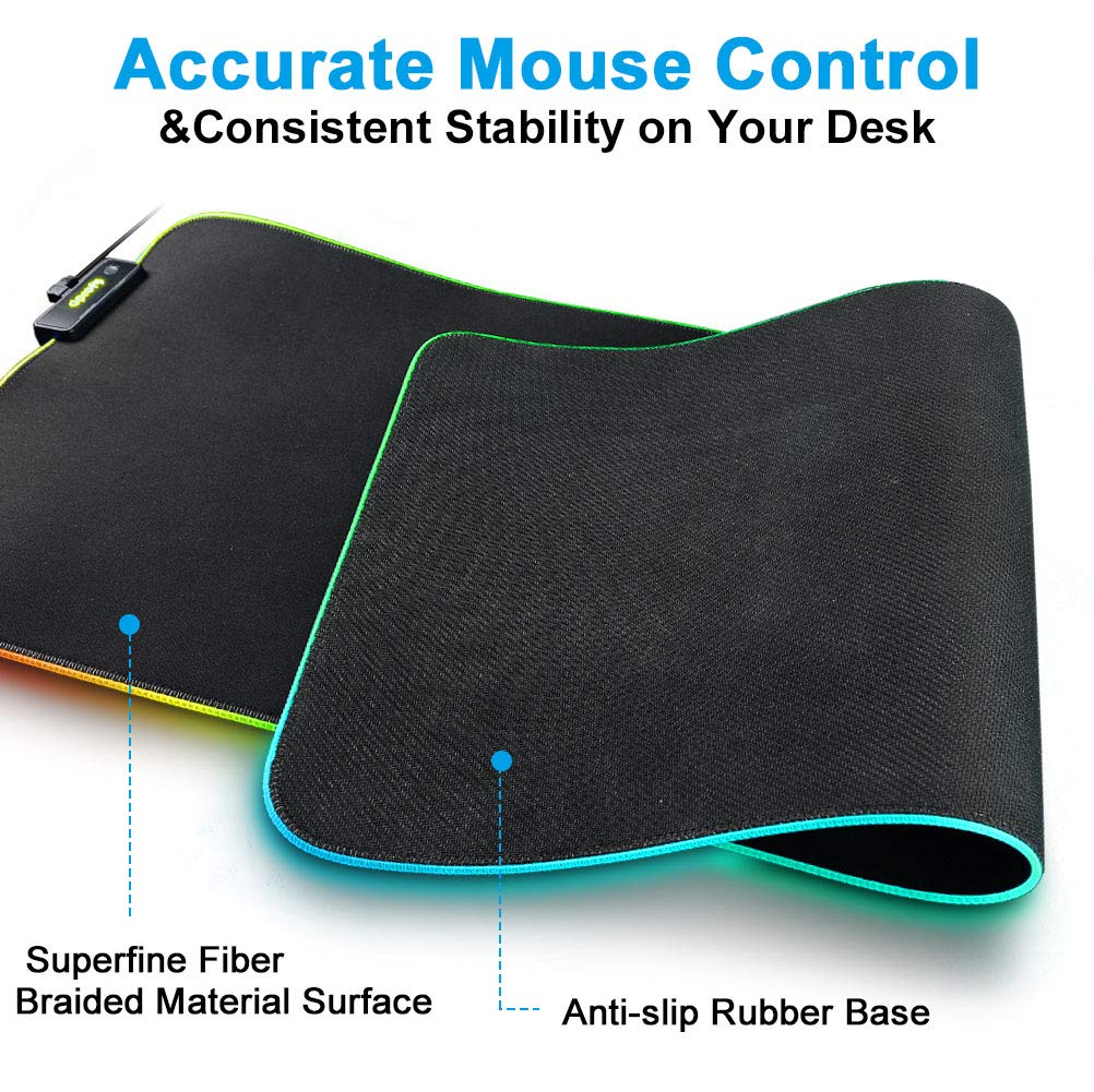 Large RGB Gaming Mouse Pad - Soft Non-Slip Rubber Base Led Mousepad, Thick Computer Keyboard Mice Mat for MacBook, PC, Laptop, Desk(31.5 x 11.8 x 0.15In)