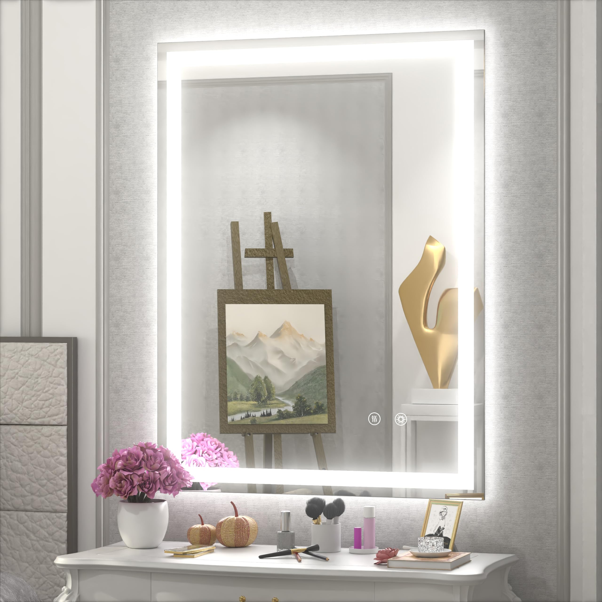 JSneijder 2-Piece(Frameless+Framed) Bathroom LED Mirror, 24x32 Inch, Wall Mounted Anti Fog Dimmable Lighted Mirror for Bedroom