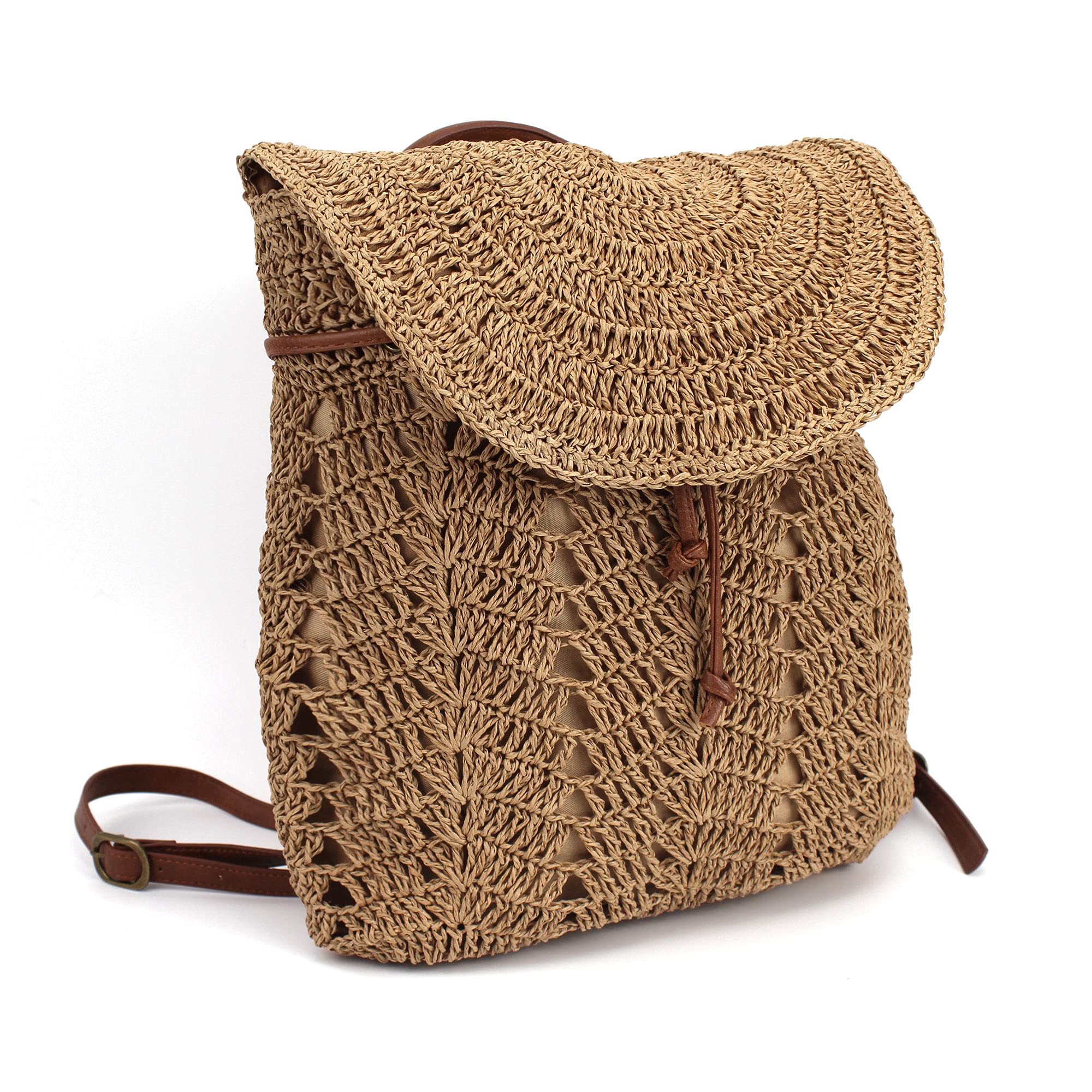 Meyaus Women Straw Woven Backpack Flap Drawstring Daypack Beach Shoulders Bag