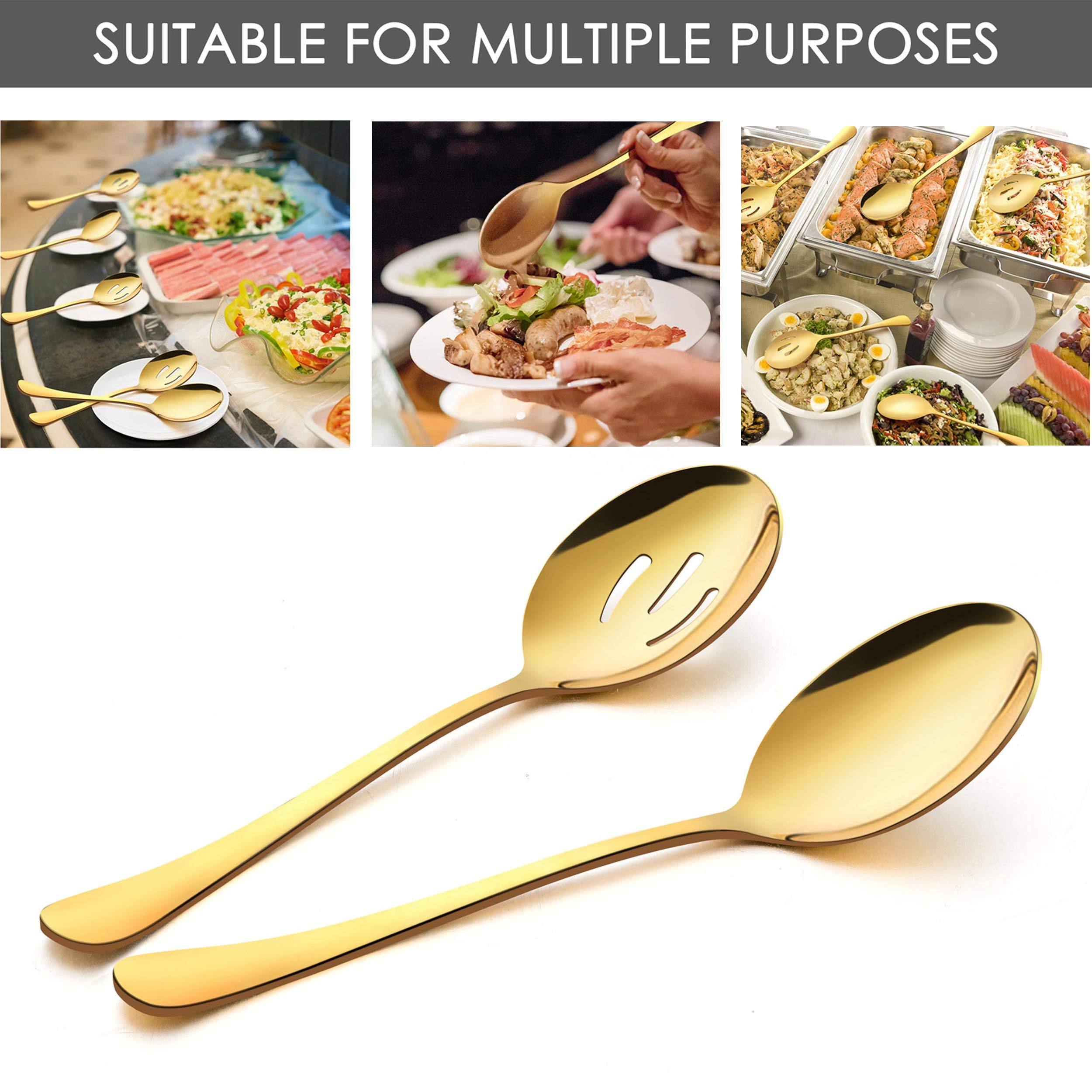 LIANYU 8 Pack Gold Serving Spoons, Gold Slotted Serving Spoons, 8 3/4 Inch Stainless Steel Serving Utensils Spoon Set for Banquet Catering Buffet Dinner Restaurant Party