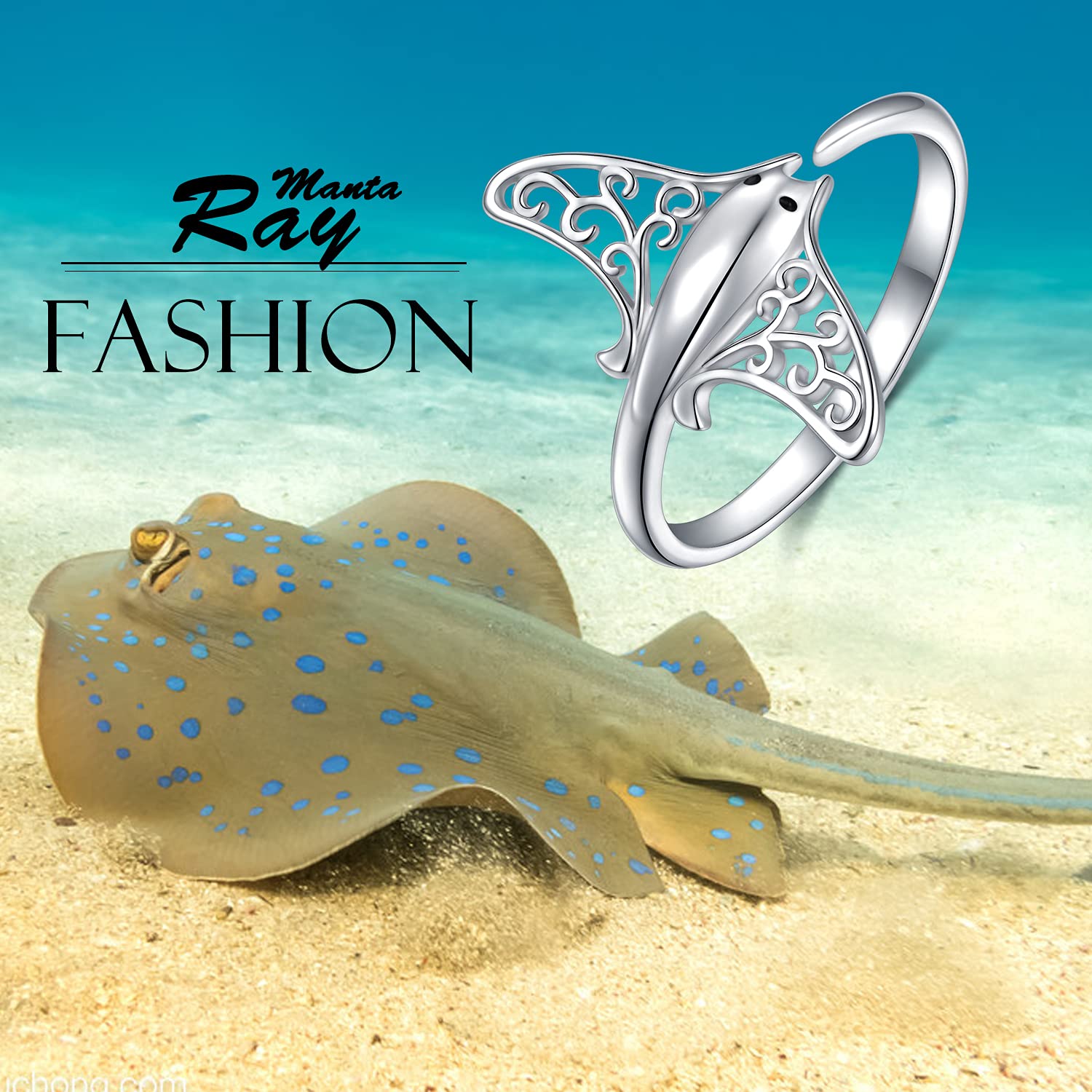 Ladytree S925 Sterling Silver Stingray Sea Animal Open Ring Manta Ray Tree of Life Adjustable Bypass Nature Ocean Ring,Size 7