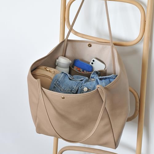 HOXIS Oversize Vegan Leather Tote Women Weekender Bag Shopper Handbag Travel Purse (Nude)
