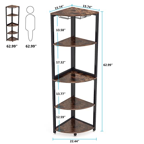 Tribesigns Corner Shelf with Glass Holder, 5 Tier Corner Bookshelf Small Bookcase Wine Bar Cabinet with Storage Display Rack for Living Room, Kitchen, Dining Room, Rustic Brown