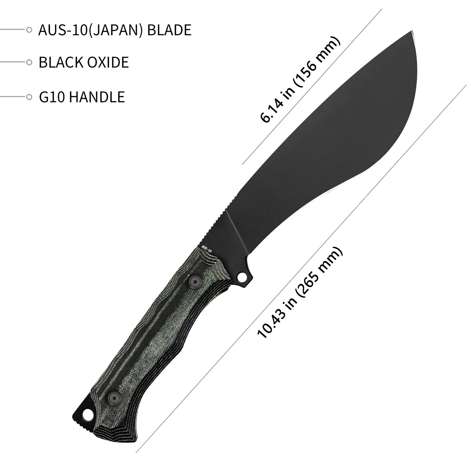 KUBEY Machete KU241 Fixed Blade Outdoor Knife with G10 Handle Kurki Style Blade for Camping Hunting and Survival w/Black Kydex Sheath (Black Coating)