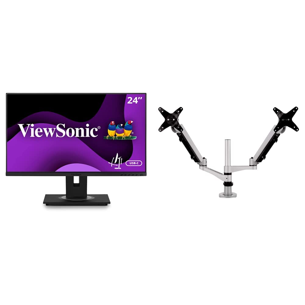 ViewSonic VG2456 24-Inch 1080p USB-C Monitors and LCD-DMA-002 Spring-Loaded Dual Monitor Mounting Arm with Vesa Mount