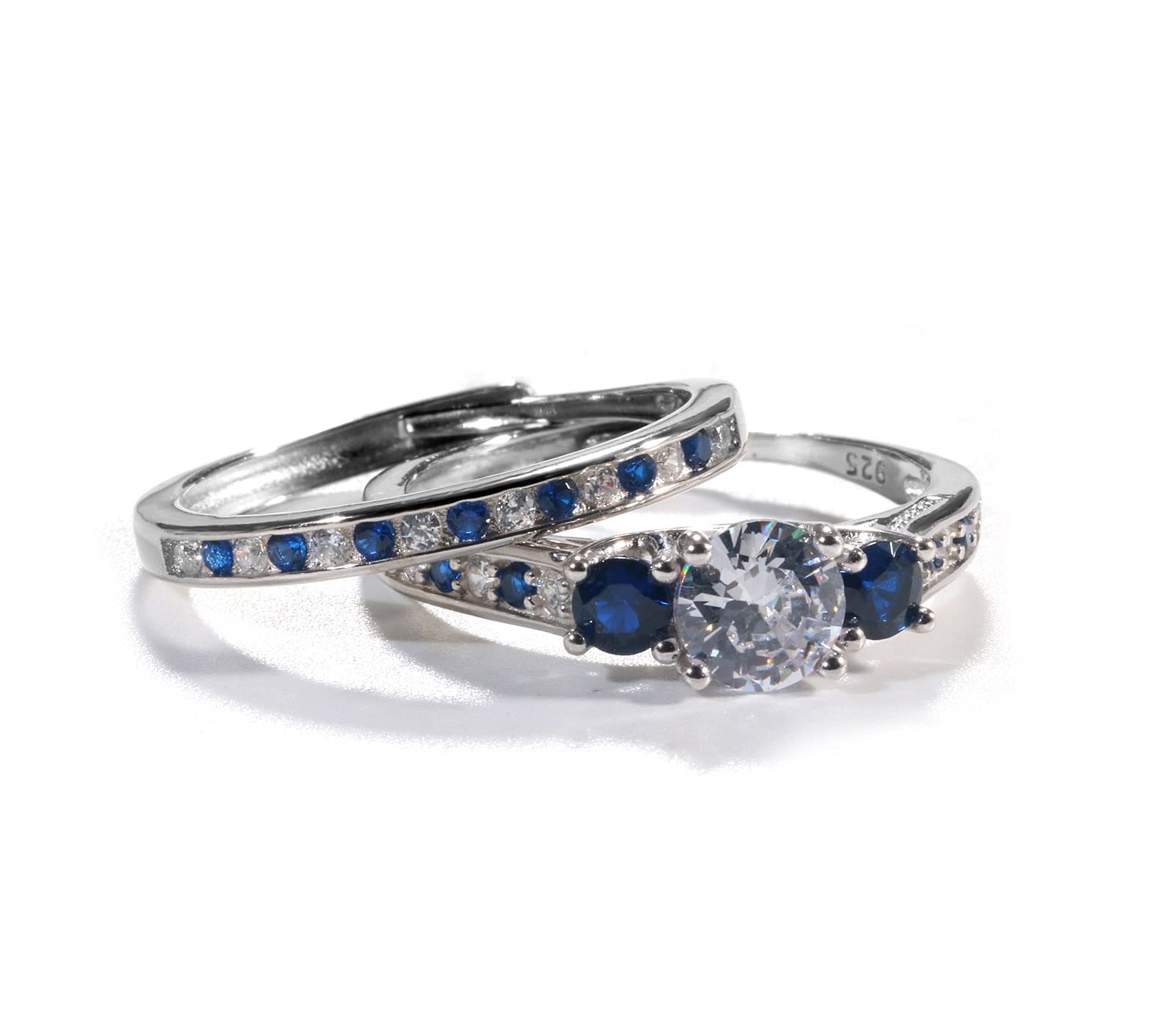 MASHAN Adjustable Size Women Wedding Ring Sets 10K Gold Plated 925 Sterling Silver 1.5ct AAAAA CZ Three Stone Engagement Ring Blue Cz Wedding Band