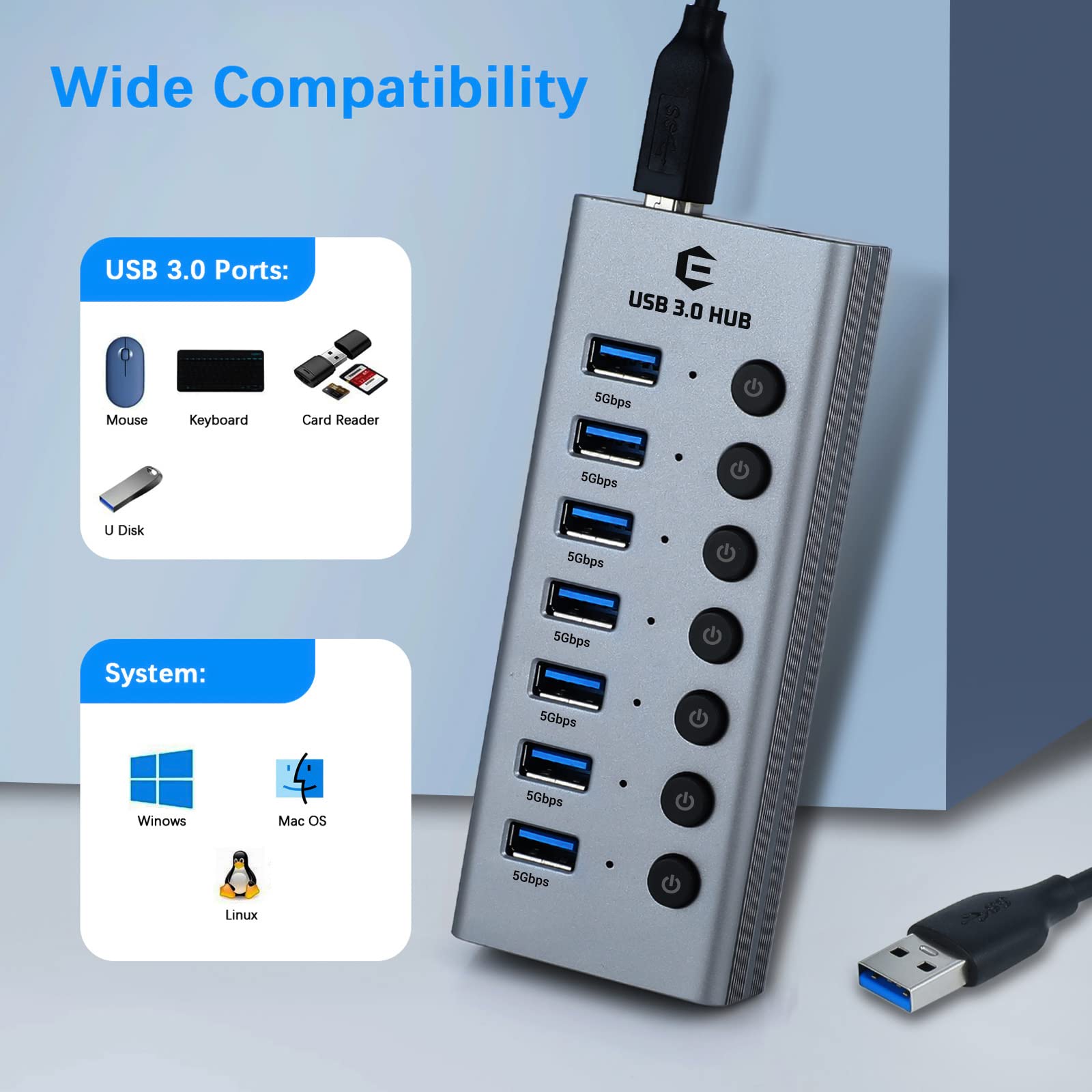 USB Hub Active 3.0 with Power Supply, 7 Ports USB Adapter Active USB Splitter 5 Gbps USB 3.0 Hub with 1 m Cable, 24 W (12 V/2 A) Power Supply Dock and Separate Switch with LED Display