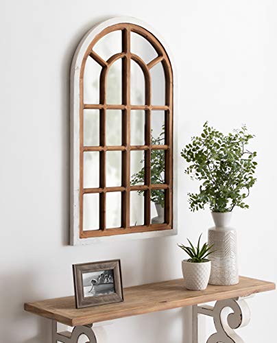 Kate and Laurel Boldmere Traditional Wood Windowpane Arch Wall Mirror, 22" x 38", White and Brown, Farmhouse Inspired Home Decor