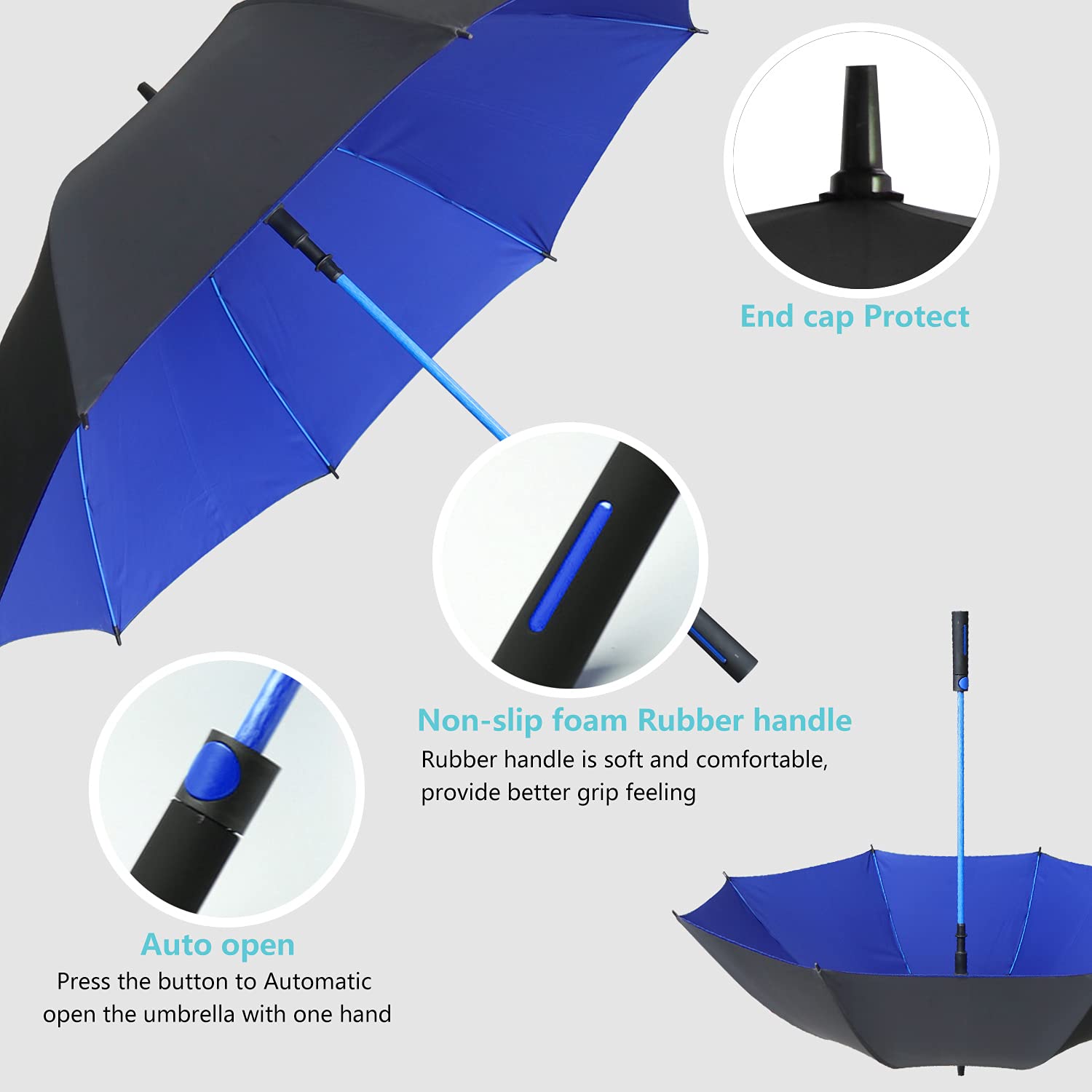 Leanking Golf Umbrella 55 Inch Automatic Open Extra Large Oversize UV Protection Double Canopy Vented Sun Rain Windproof Waterproof Stick Umbrellas for Women Men Family (Black Blue)