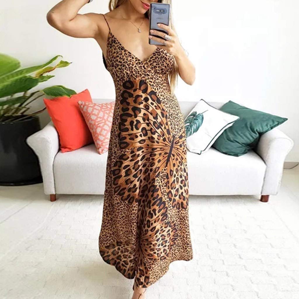 Leopard Sling Dress for Women Deep V Neck Pattern Long Dress Spaghetti Straps Sleeveless Maxi Dress