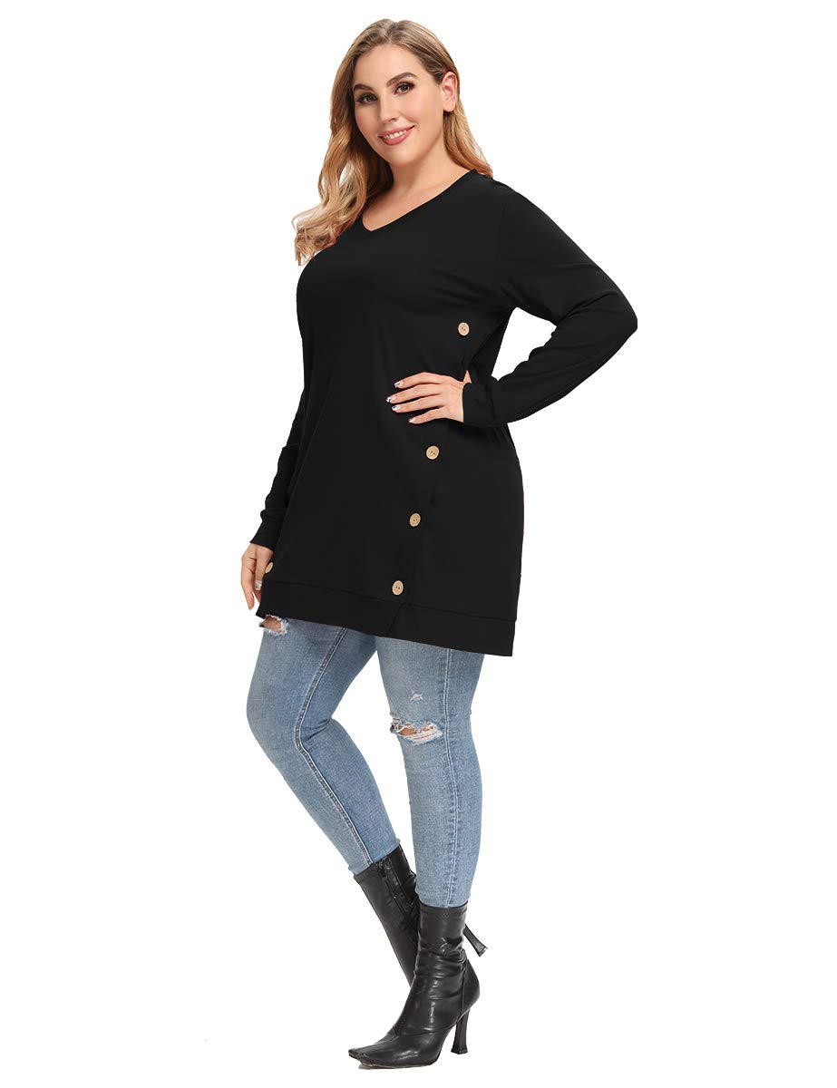 LARACE Plus Size Sweatshirts For Women Tops V-neck Side Split Button Up Shirts Long Sleeve Lightweight T-shirts(Black M)