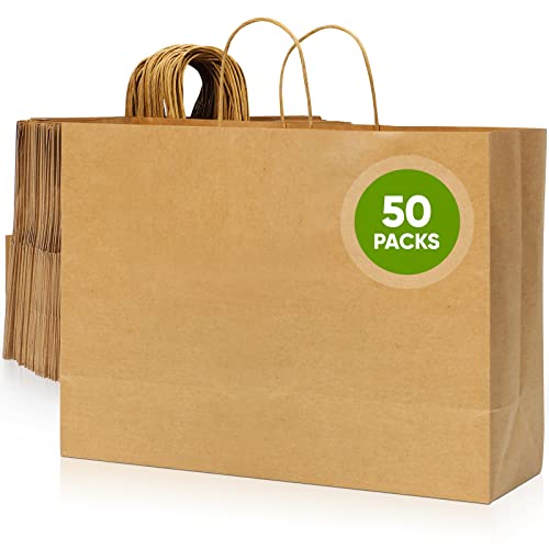 Tobvory Kraft Paper Bags - 50pcs 16x6x12 Inches Brown Paper Bags With Handles Bulk, Large Recycled Paper Bags, Ideal As Shopping Bags, Gift Bags, Retail Bags For Small Business Retail Grocery