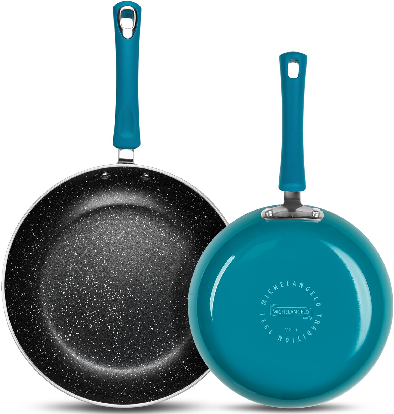 MICHELANGELO Non Stick Frying Pans Set, 8 Inch & 10 Inch Skillet Set, Frying Pans Nonstick with Granite Interior, Enamel Nonstick Pans for Cooking, Frying Pan Set with Silicone Handle, Cyan