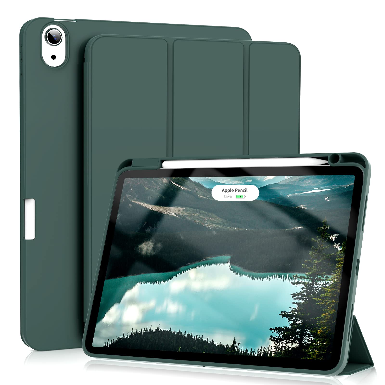 KenKe Case for iPad Air 5th Generation (2022) / iPad Air 4th Generation (2020) 10.9 Inch with Pencil Holder, Support Touch ID, Smart Stand Soft TPU Back Cover, iPad Air 5/4 10.9 inch Case, Dark Green