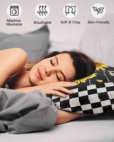 Sunflower Pillow Covers Standard Size Set of 2 20x26 Bed Pillow, Farmhouse Spring Floral Bee Rustic Black White Plaid Plush Soft Comfort for Hair/ Skin Cooling Pillowcases with Envelop Closure