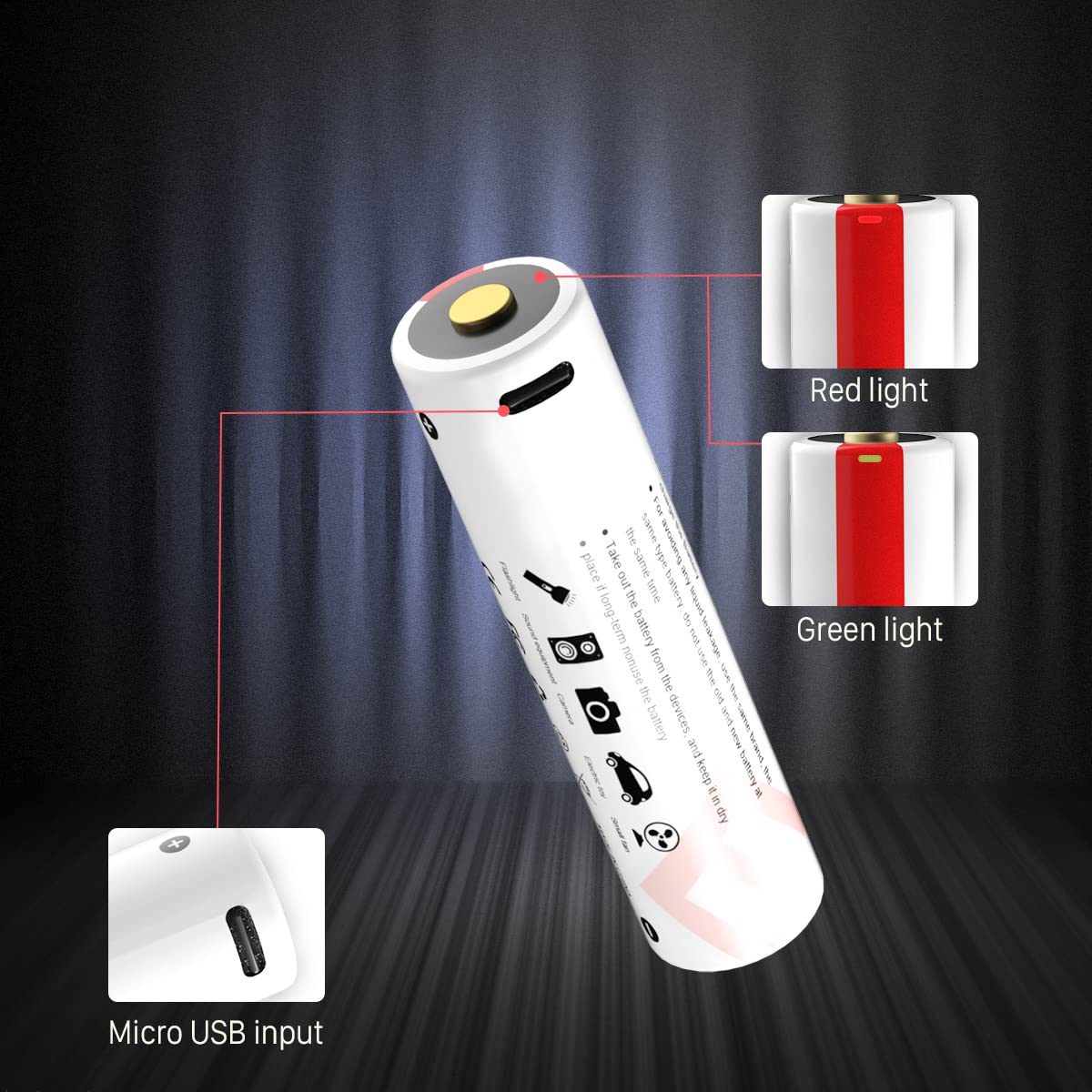 SHENMZ 3.7V Rechargeable Batteries,3600mAh 30A Button Top Batteries,with Micro-USB Charging Cable for Flashlights, Headlamps, Doorbells, RC Cars (2 Pcs)