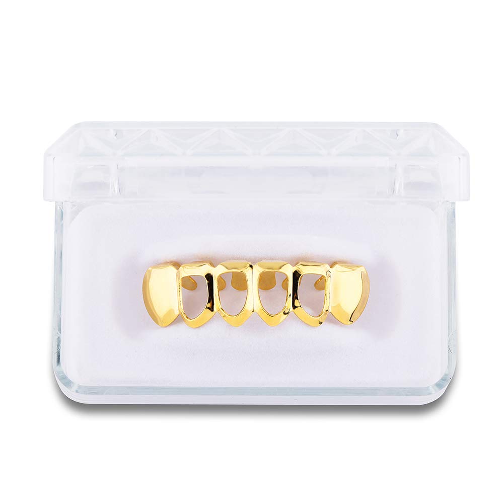 JINAO Bottom Grillz Rapper Costume Fit 18K Gold Plated Four Open Face Bottom Grills for Your Teeth for Women Men Christmas gift (Bottom))