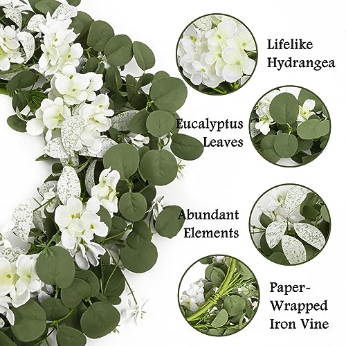 Waipfaru Eucalyptus Wreaths for Front Door, 20'' Green Outdoor Christmas Wreath with Welcome Sign and White Hydrangea for Fall Thanksgiving Decorations Home Wall Front Porch Window Patio Garden Decor