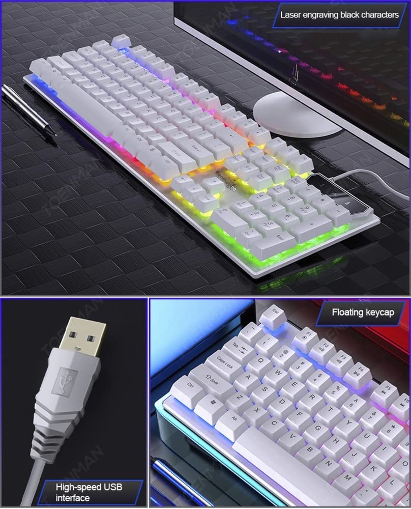 Renewgoo GooGamer Gaming Computer Keyboard with LED Rainbow Gradient Backlight, Waterproof Ergonomic Design for Esports PC, Mac, Desktops, & Laptops, White