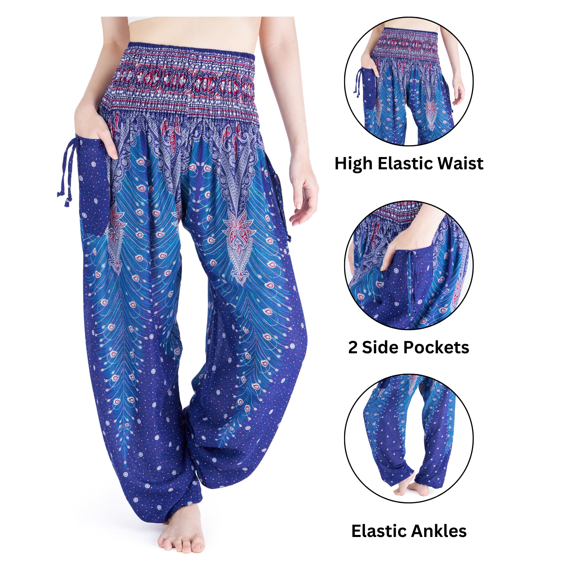 Lannaclothesdesign Women's Smocked Waist Boho Flowy Yoga Harem Pants Hippie Clothes (L, Blue)