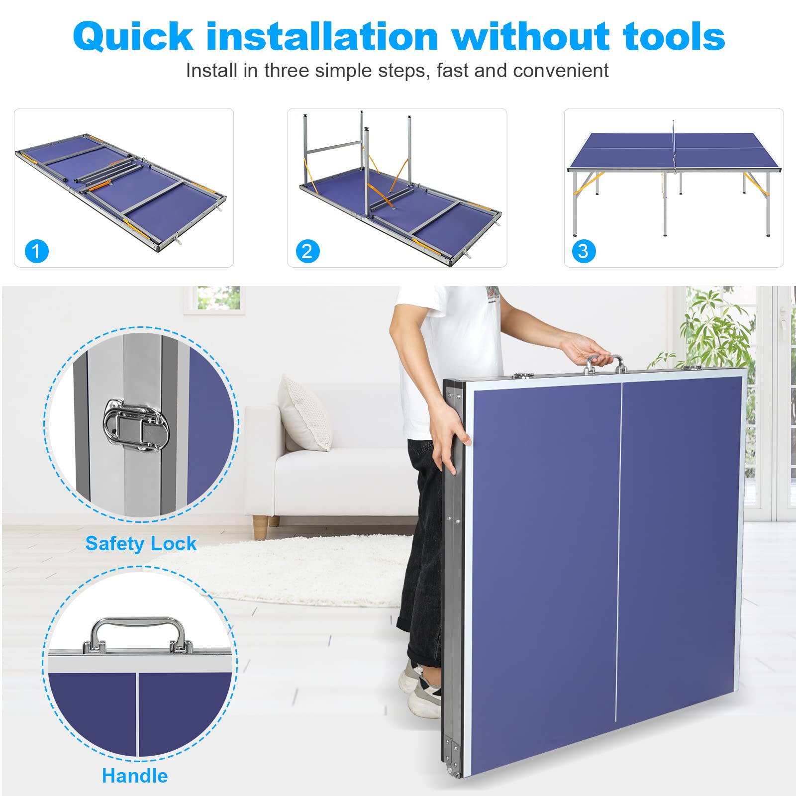 KL KLB Sport 6ft Mid-Size Table Tennis Table Foldable & Portable Ping Pong Table Set for Indoor & Outdoor Games with Net, 2 Table Tennis Paddles and 3 Balls
