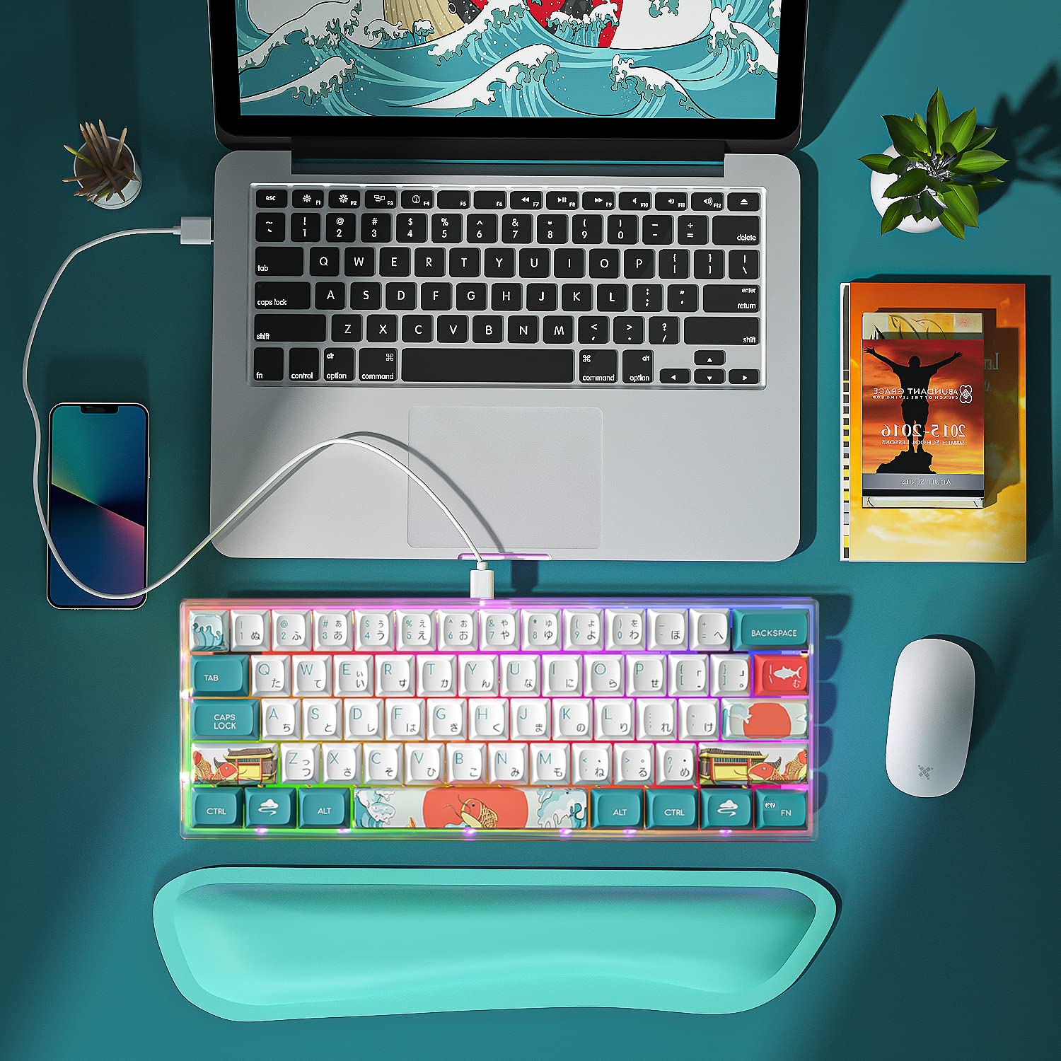 MIHIYIRY 61 Keys Mechanical Gaming Keyboard,Japanese Root Words 60% Compact Hot-Swappable RGB Backlit Keyboard for Win/Mac Gamers (Coral Sea Theme)
