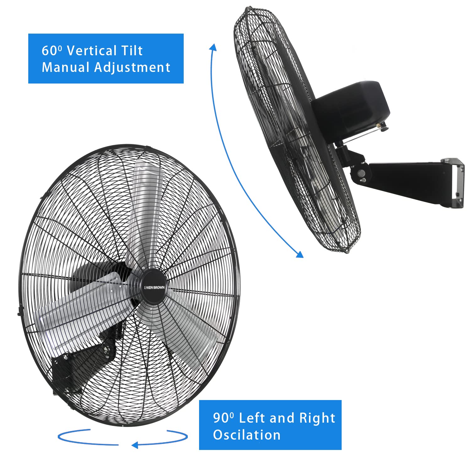 KEN BROWN 30 Inch Industrial Oscillating Wall Mount Fan 9500CFM,Heavy Duty Metal,High Velocity,2 Speed,Black