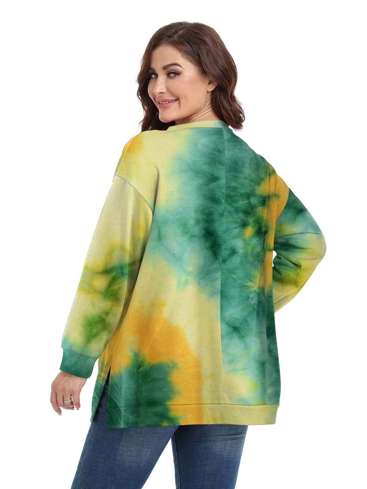LARACE Tie Dye Sweatshirts for Women Plus Size Tops V Neck Side Split Shirt Casual Long Sleeve Pullover Tee(E-DarkGreen 4X)