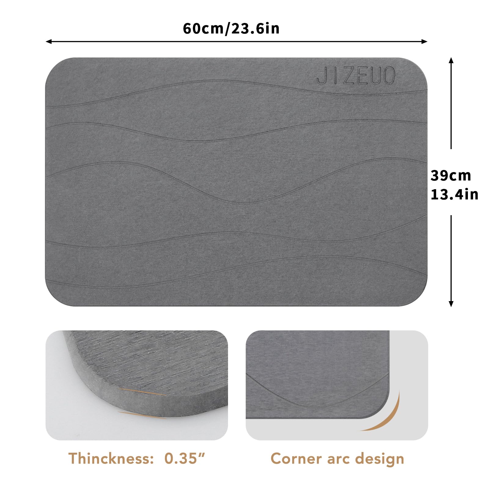 JIZEUO Stone Bath Mat, Diatomaceous Earth Shower Mat, Non-Slip Super Absorbent Quick Drying Bathroom Floor Mat,2 Pack, Grey