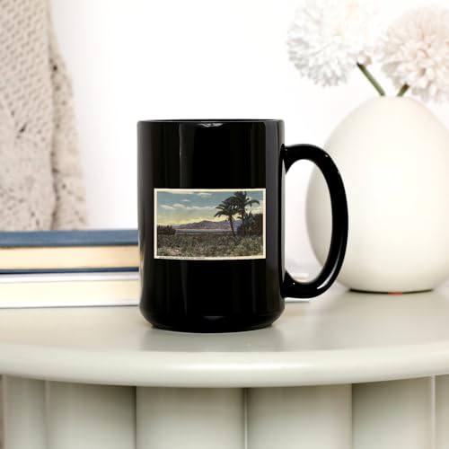 Lantern Press View of Dates Growing near the Salton Sea (15oz Black Ceramic Coffee and Tea Mug, Dishwasher and Microwave Safe)