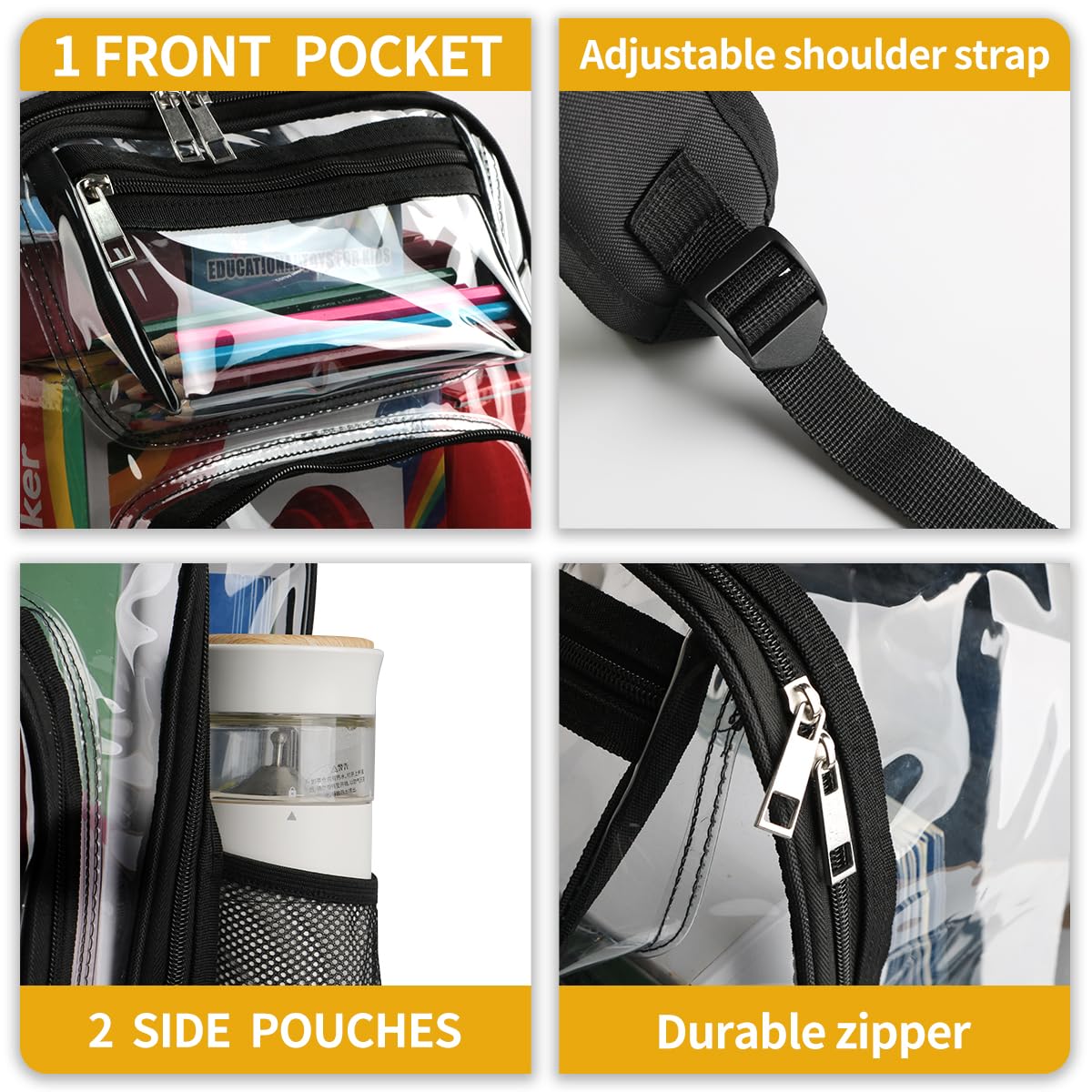 LEUCOTHEA Clear Backpack - Heavy Duty PVC Transparent Backpack for Adults, See Through With Reinforced Straps Backpack Clear Bookbag for School Sports Work Travel College Black Clear Backpack